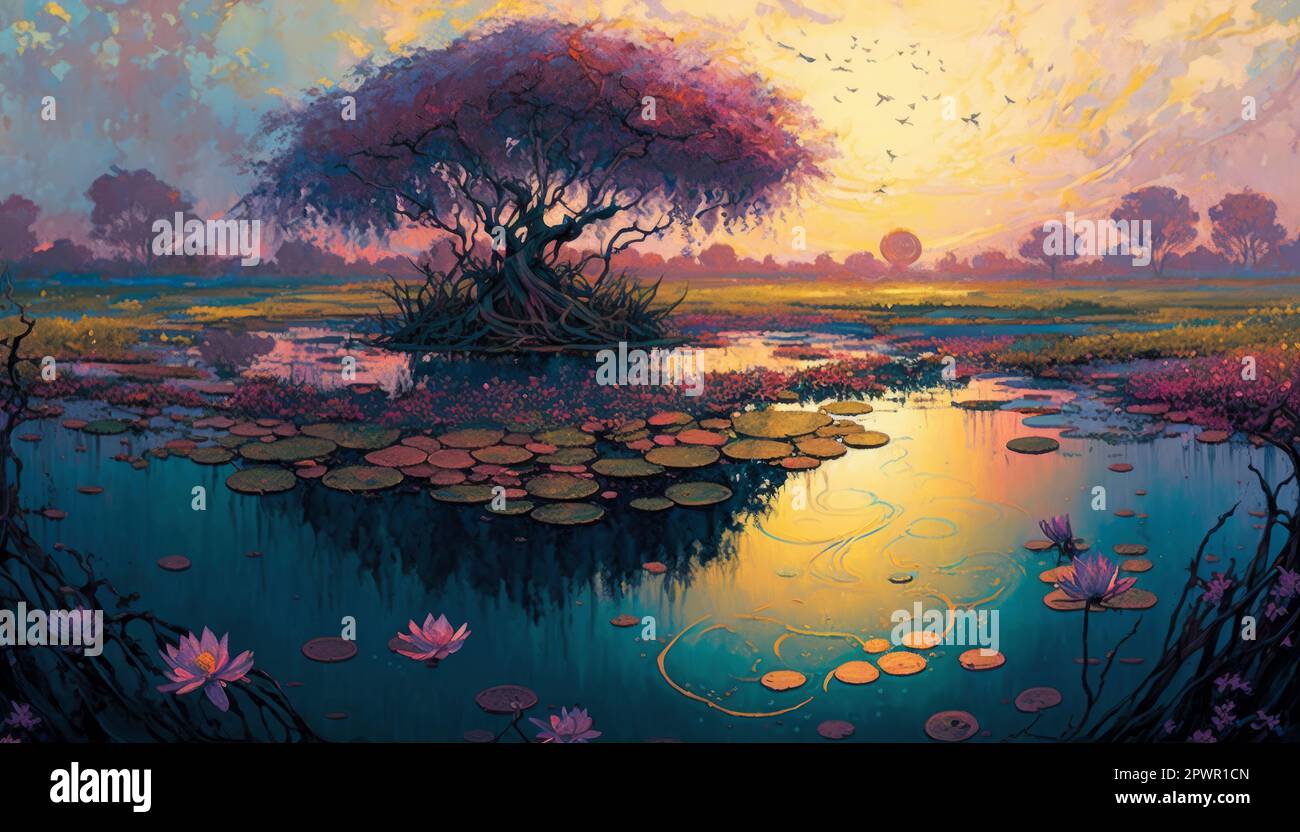 Beautiful sunrise over a field with flowing grass and a pond Stock ...