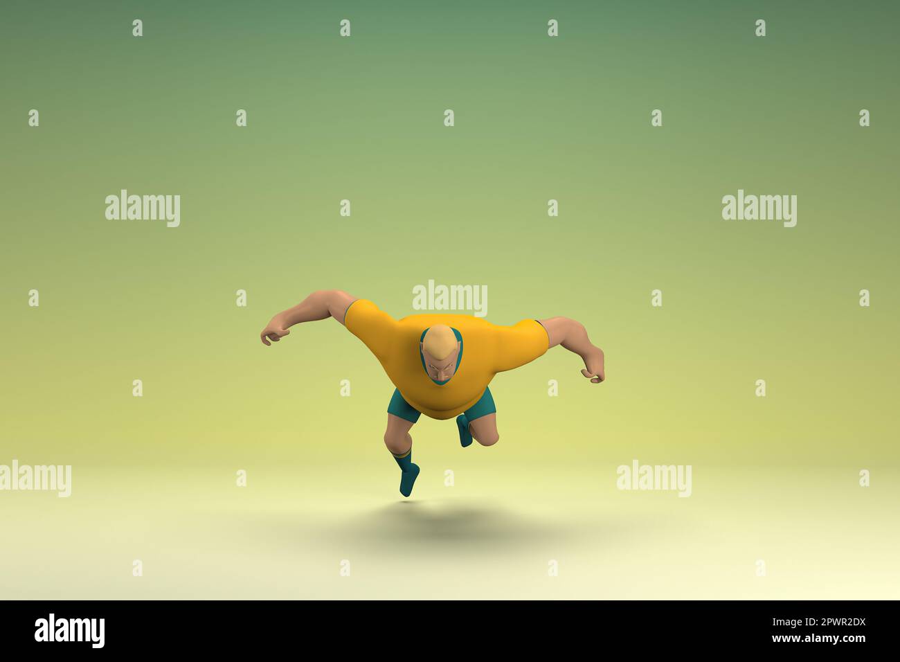 An athlete wearing a yellow shirt and green pants. He is falling down ...