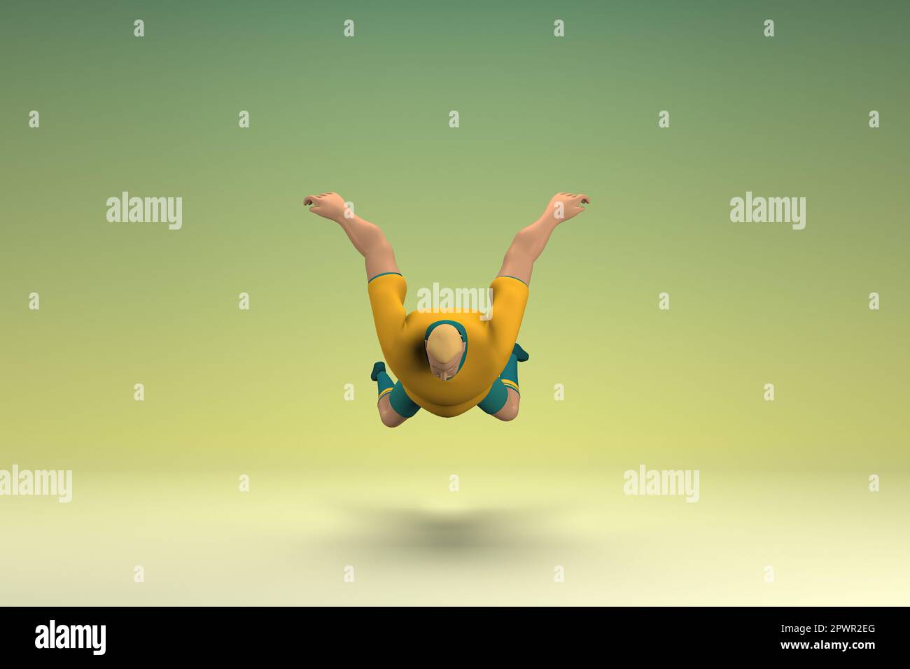 An athlete wearing a yellow shirt and green pants. He is falling down ...
