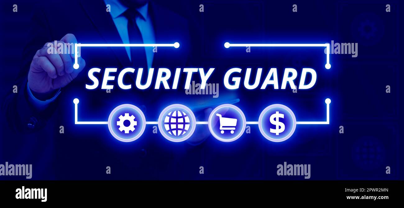 Hand writing sign Security Guard, Concept meaning tools used to manage ...