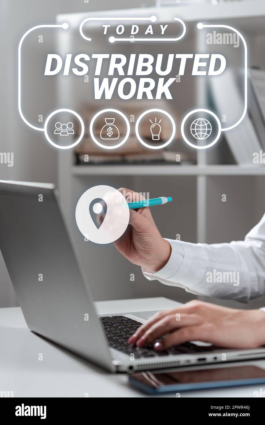 Text caption presenting Distributed Work, Business idea practiced by enterprises using network ...