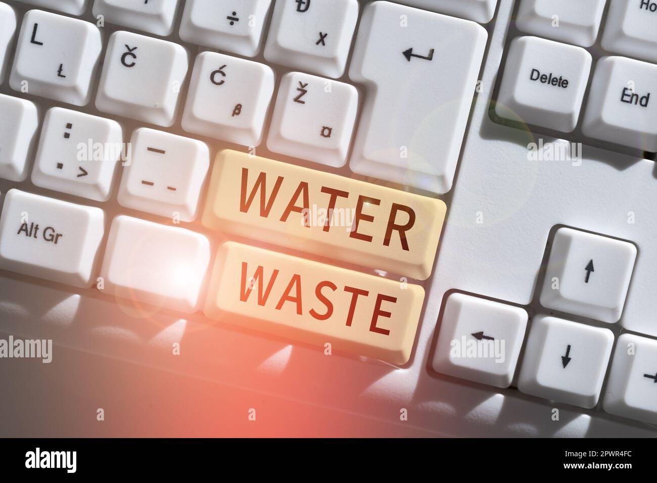 Sign displaying Water Waste, Word for liquid that has been used as part ...