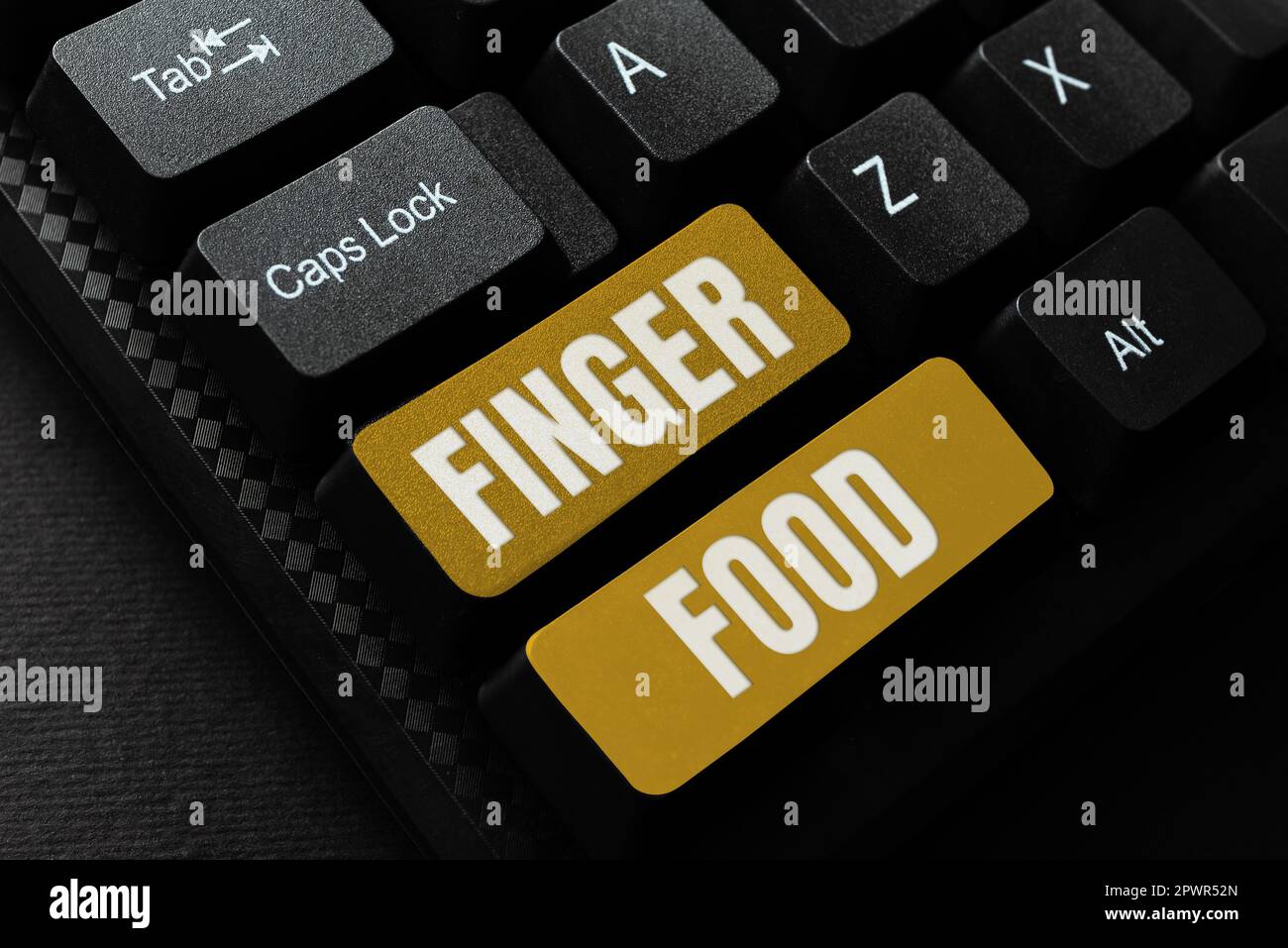 Conceptual caption Finger Food, Word Written on products and digestives ...