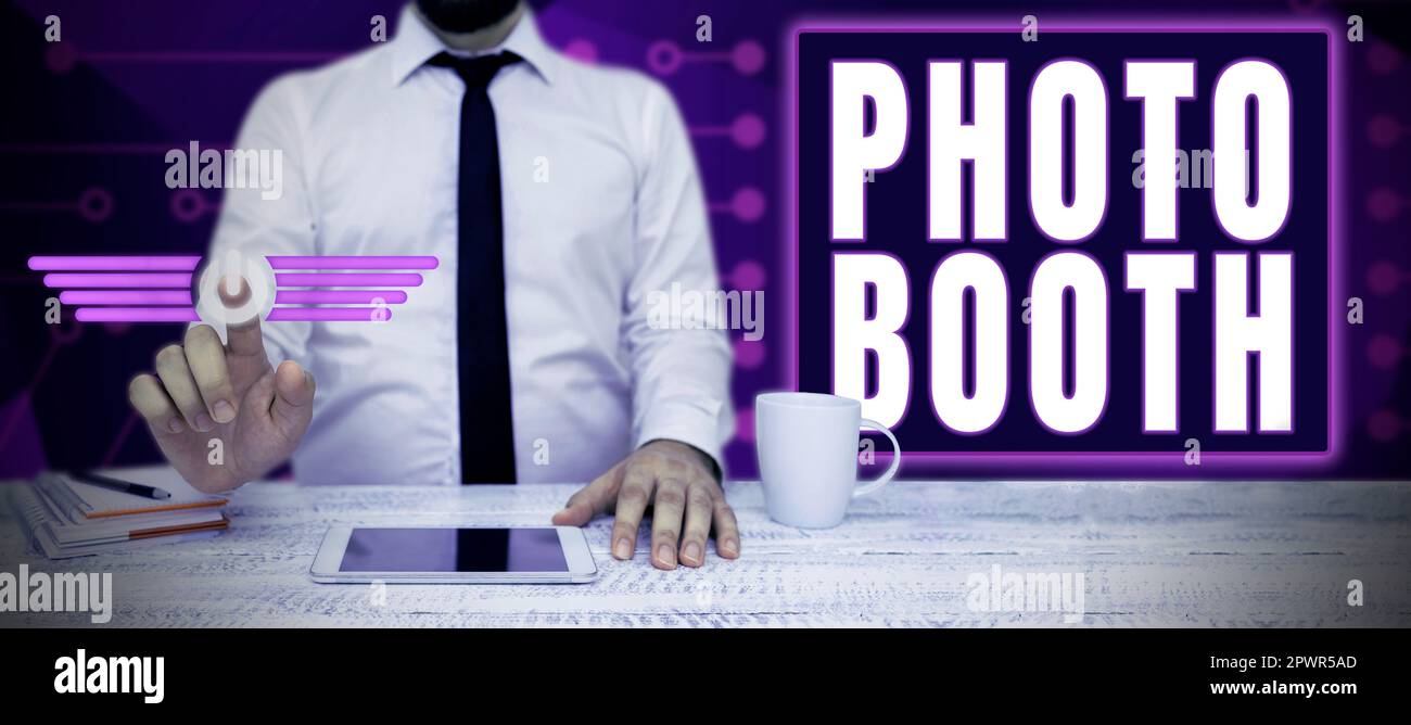 Text caption presenting Photo Booth, Word for form of photo sharing and ...