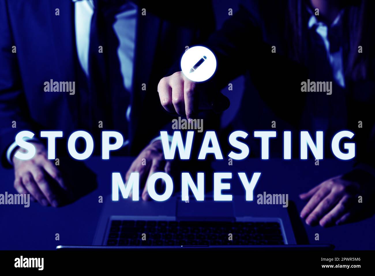 Conceptual caption Stop Wasting Money, Business concept advicing person ...