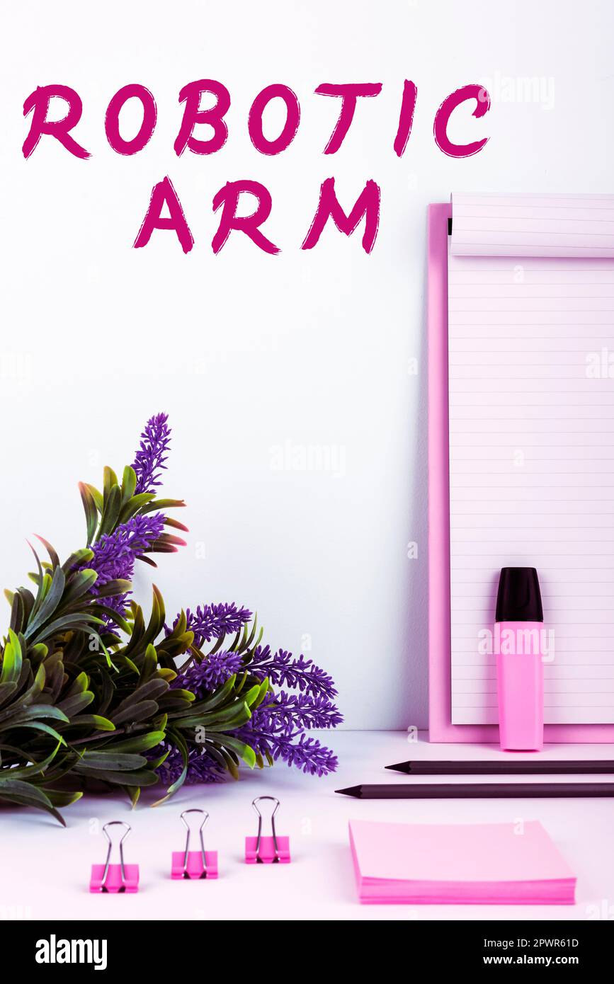 Sign displaying Robotic Arm, Business overview programmable mechanical ...