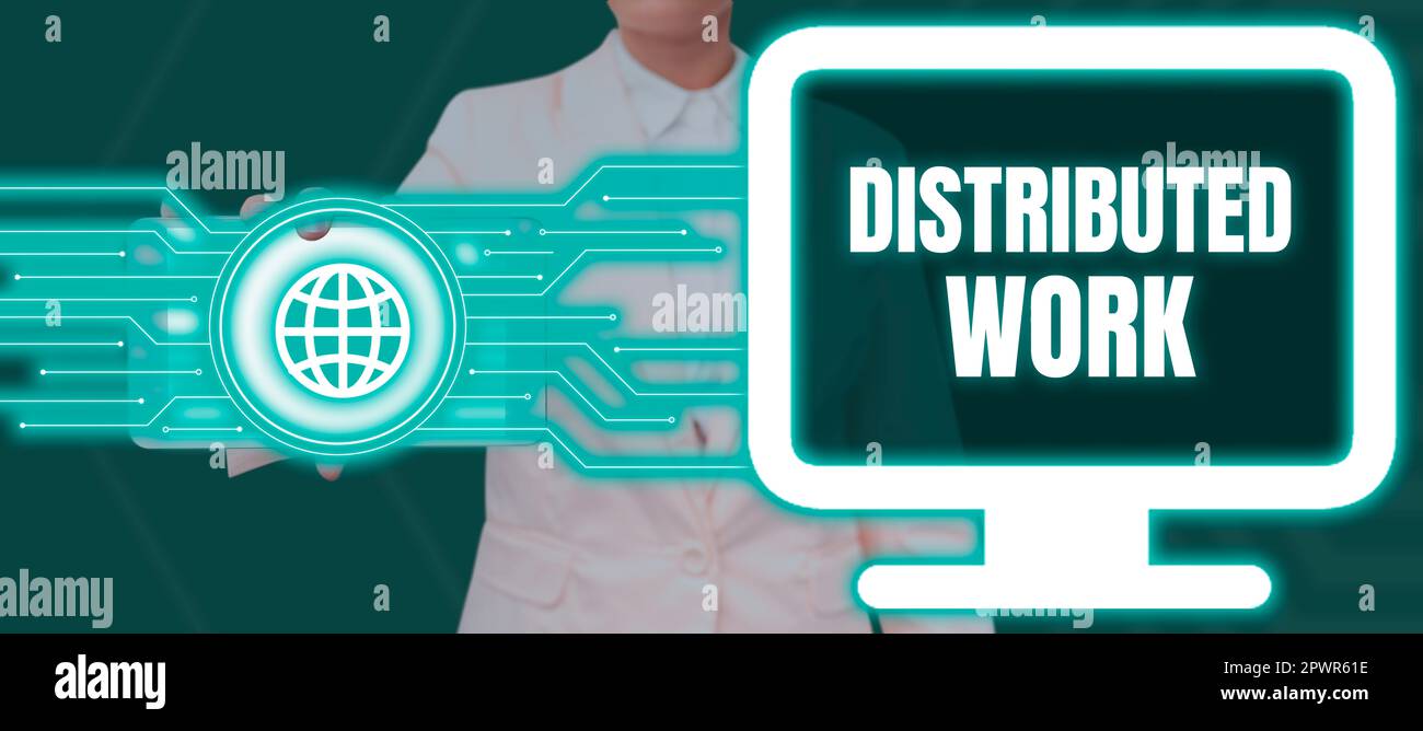 Sign displaying Distributed Work, Concept meaning practiced by enterprises using network ...