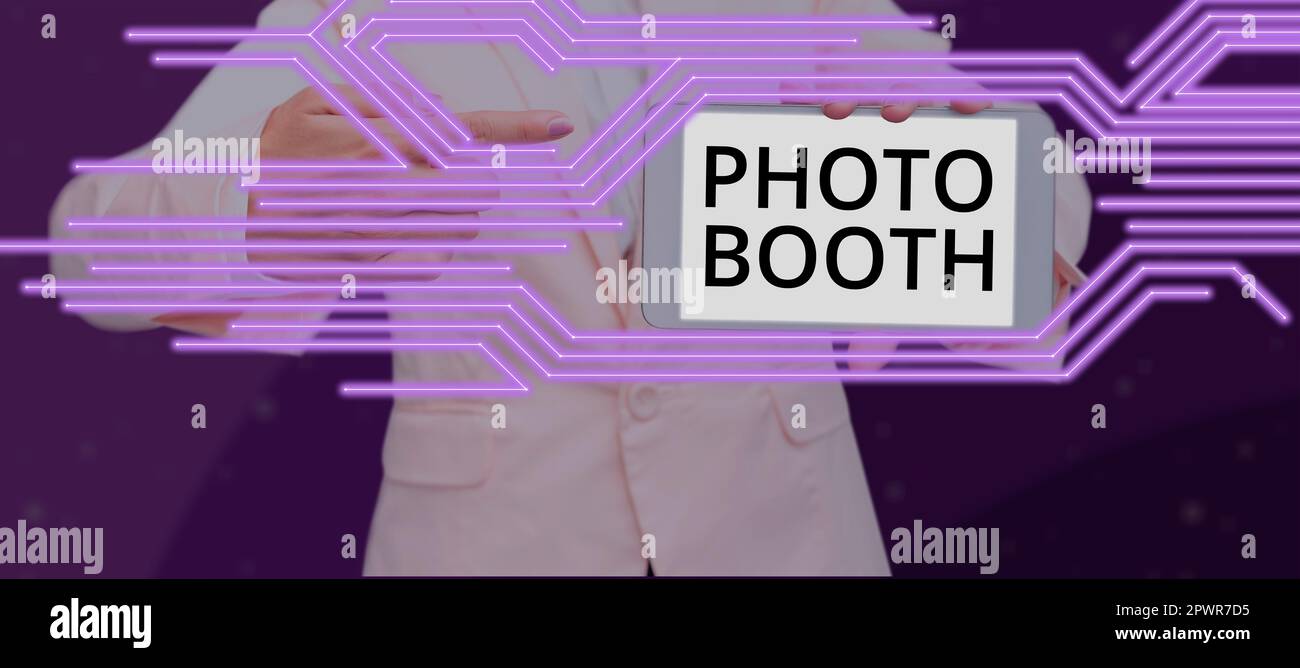 Hand writing sign Photo Booth, Business approach form of photo sharing ...