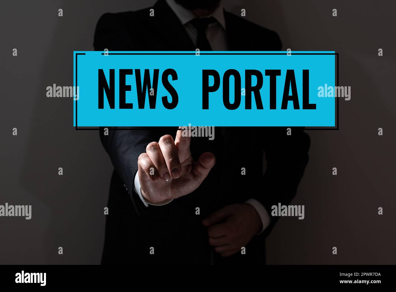 Sign displaying News Portal, Word Written on designed website that brings information from ...