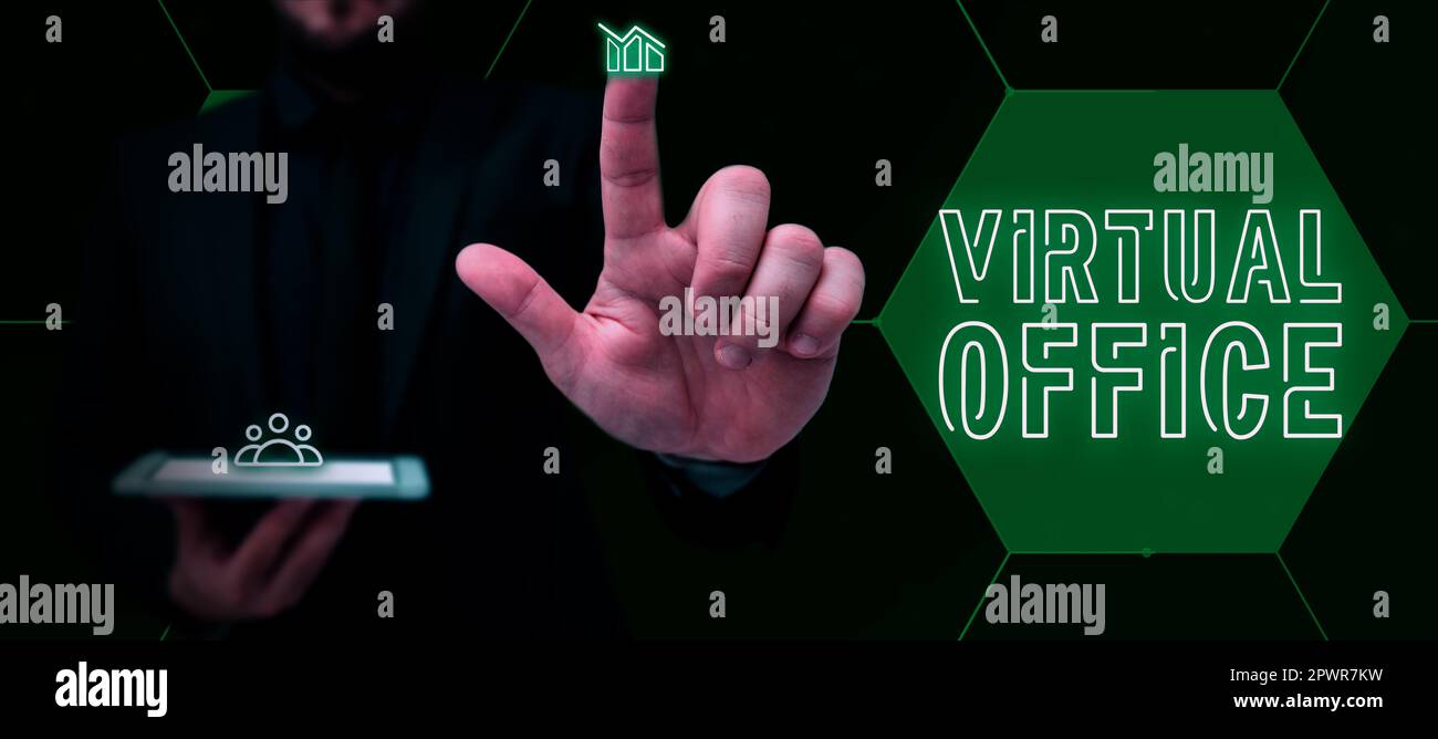 Sign displaying Virtual Office, Word for Mobile work-environment ...