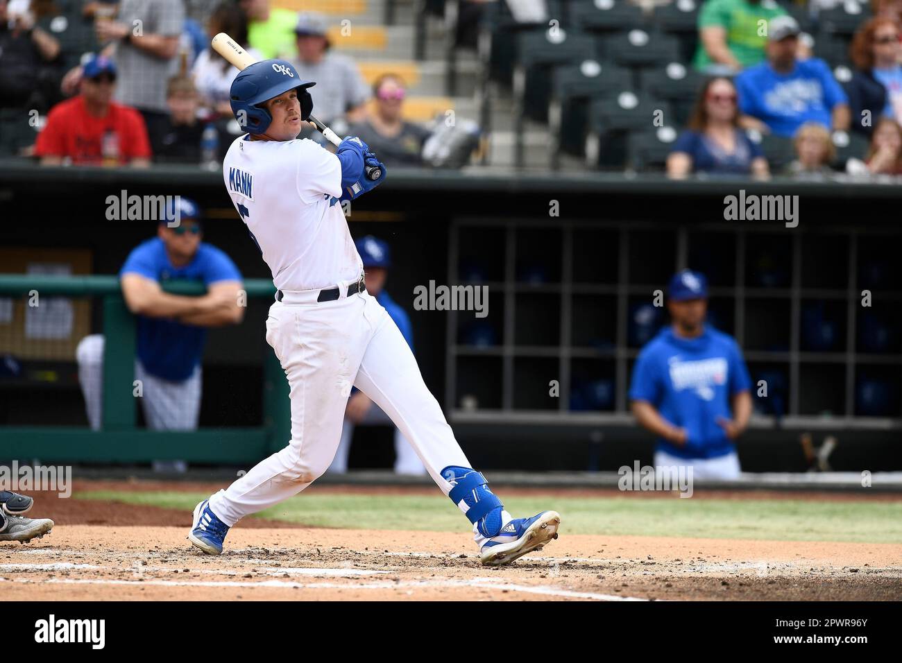 Devin Mann (5) of the Oklahoma City Dodgers bats in the game against ...
