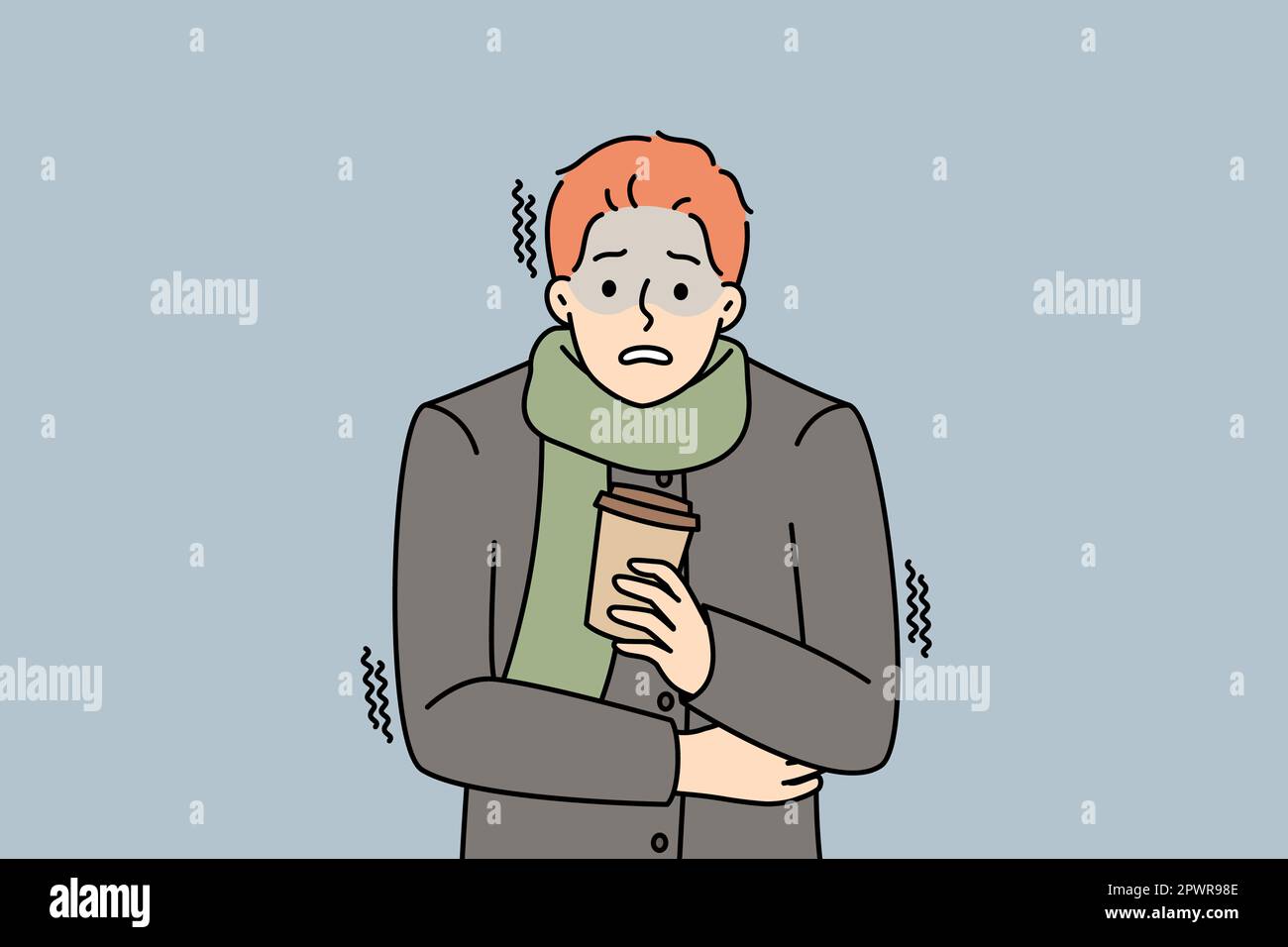 Unhappy young man in outerwear hold takeaway coffee freezing outdoors ...