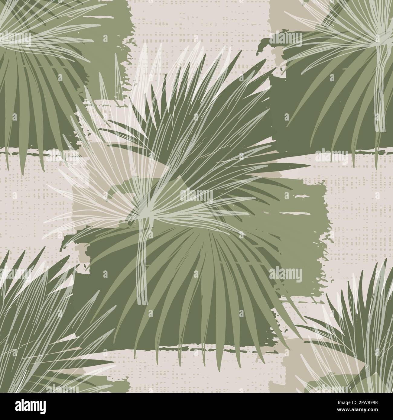 Elegant seamless pattern with green hand drawn line tropical leaves. A ...
