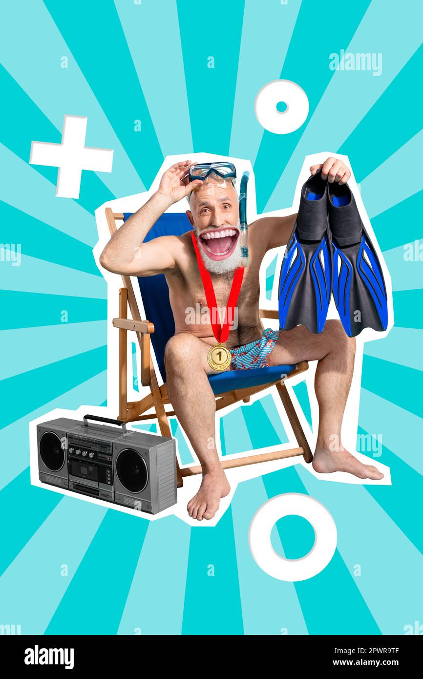 Photo collage artwork minimal picture of funky senior guy scuba diving ...