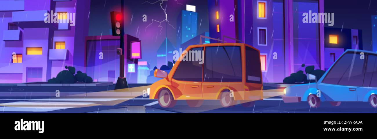Night city street with cars in rainy weather. Vector cartoon ...