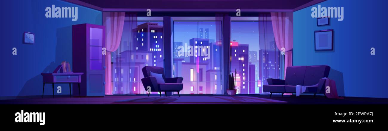 Night living room interior with panoramic window cartoon vector ...