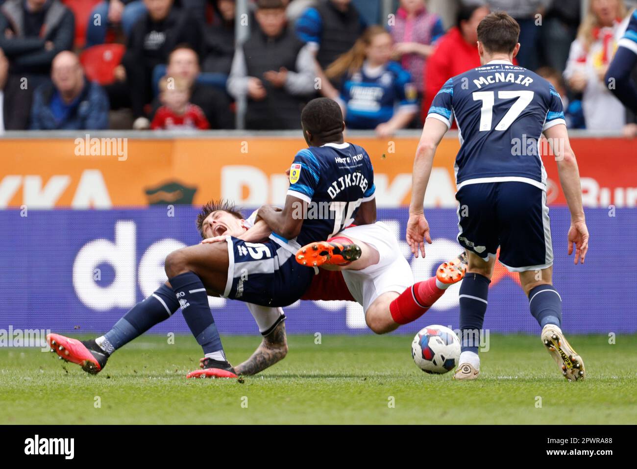 Rotherham United’s Jordan Hugill (left) is fouled by Middlesbrough’s ...