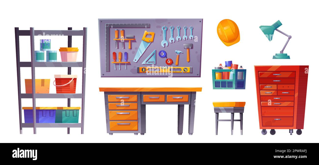 Workshop room interior in garage or basement set. Isolated carpentry ...