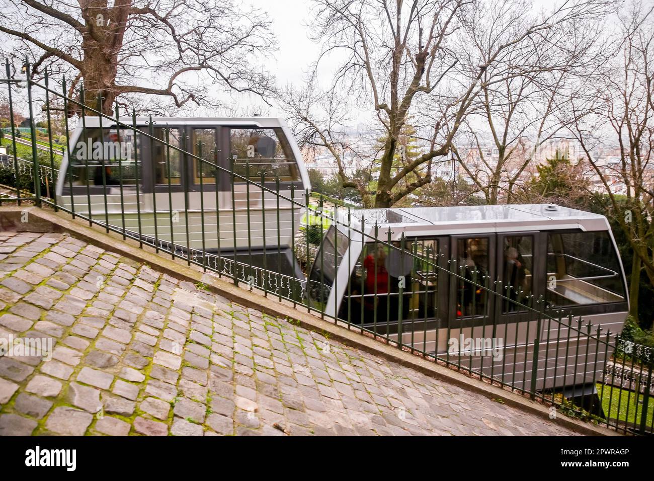 Paris, France - January 19, 2022: Funicular tram line climbing to Sacre ...