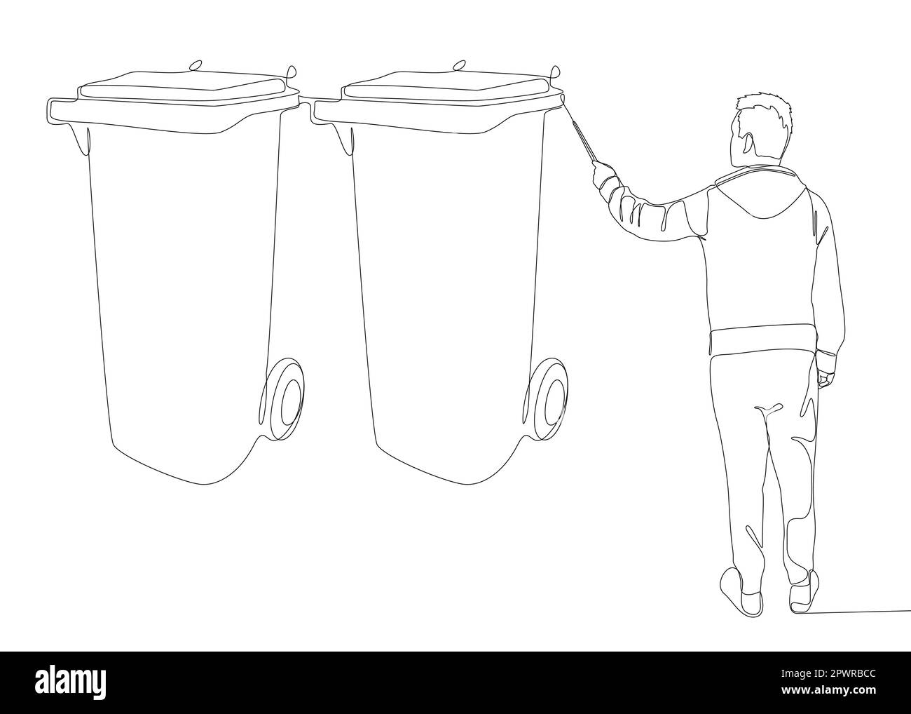 One continuous line of Man pointing with finger at Garbage Bin. Thin ...