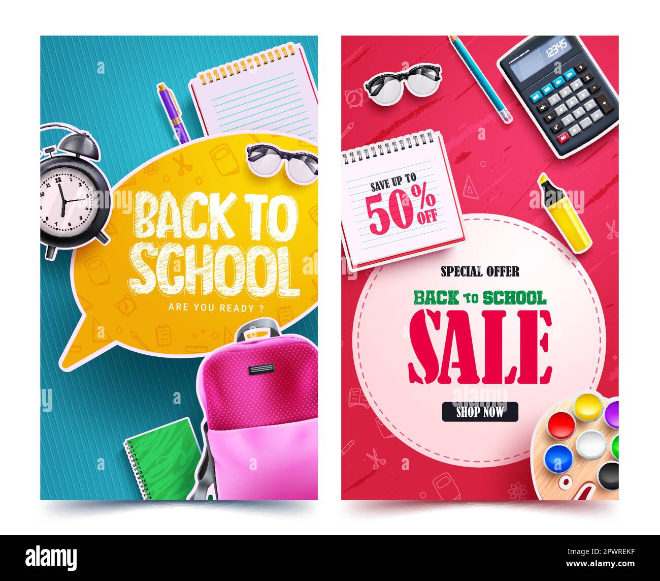 Back to school sale vector poster set design. Back to school promo with ...