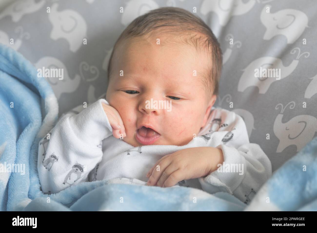 Newborn Baby Sleeping Smiling. Cute Infant Child Stock Photo - Alamy
