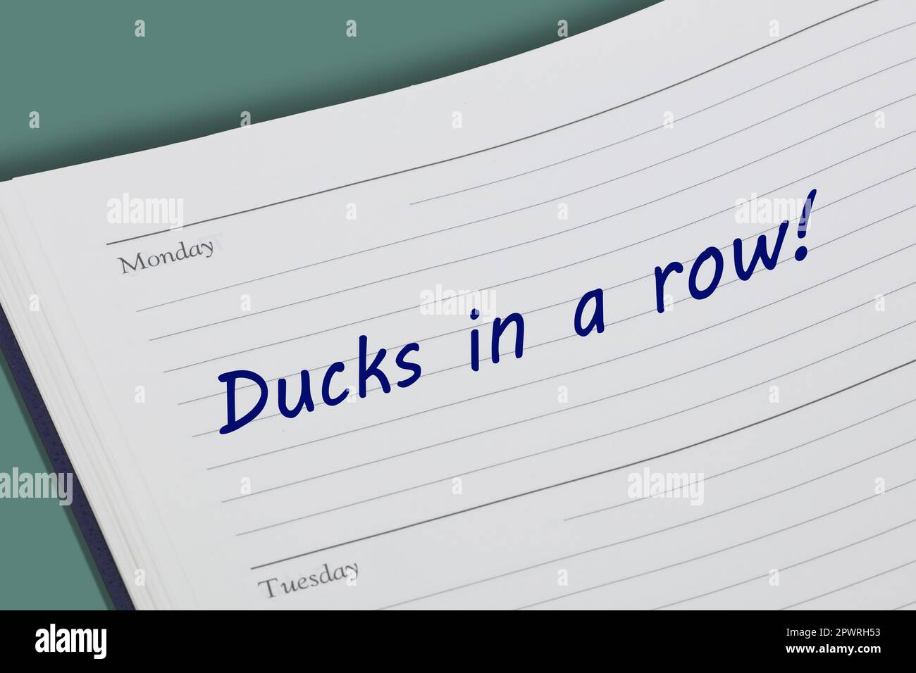 A Ducks in a row diary reminder message open on desk Stock Photo - Alamy