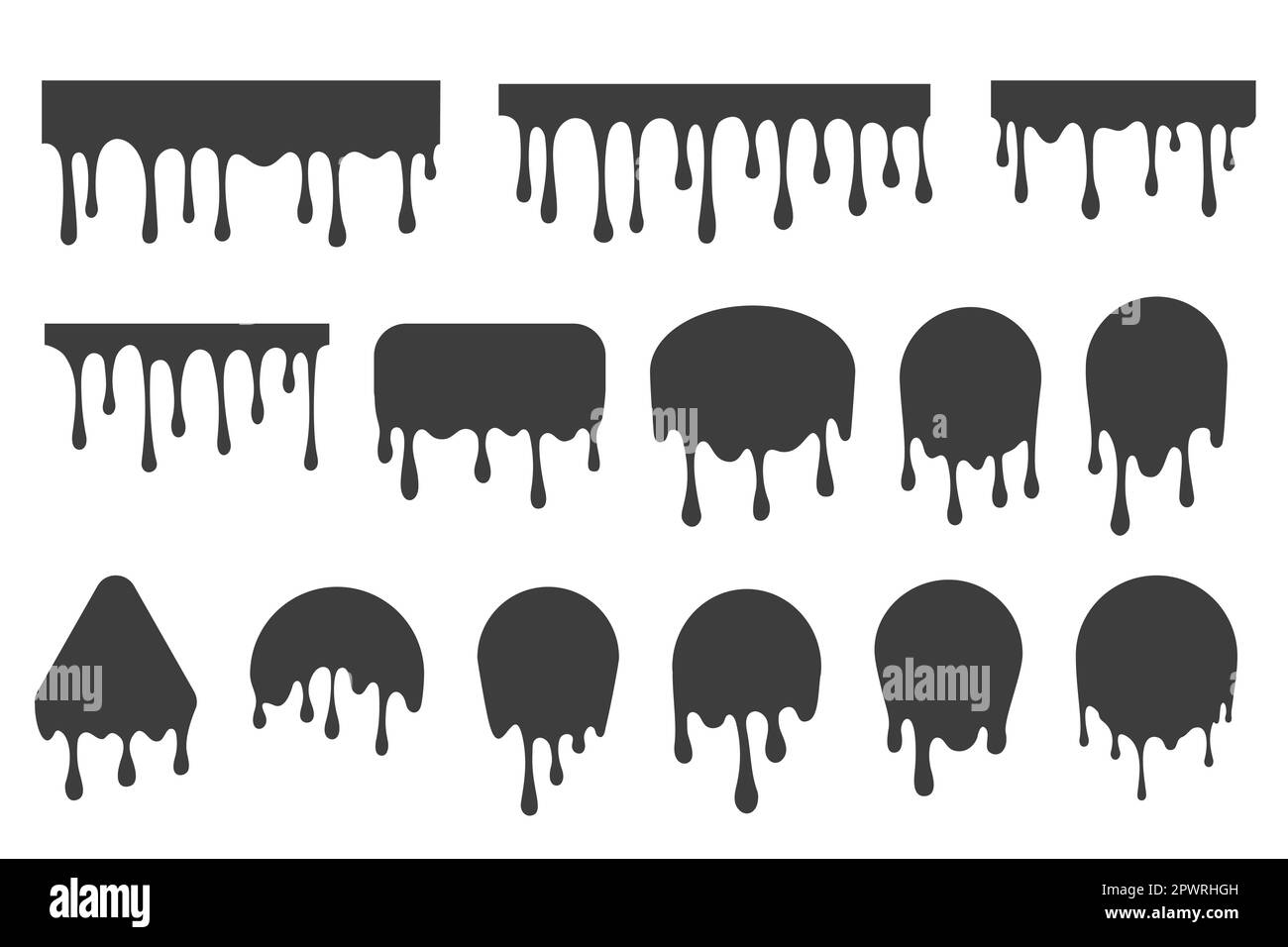 Melted drips shapes. Drop flow of black liquid isolated on white ...