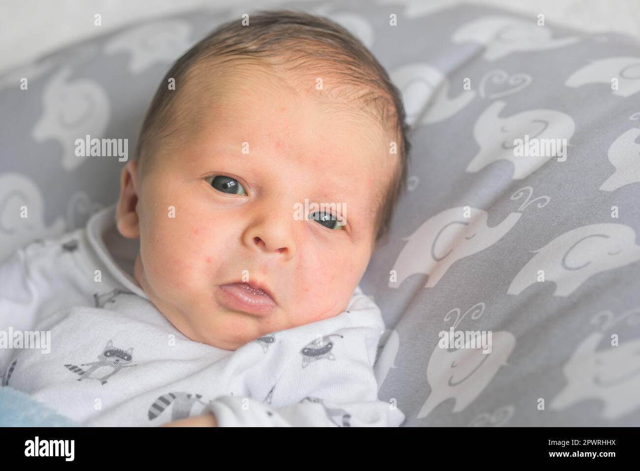 Newborn Baby Sleeping Smiling. Cute Infant Child Stock Photo - Alamy