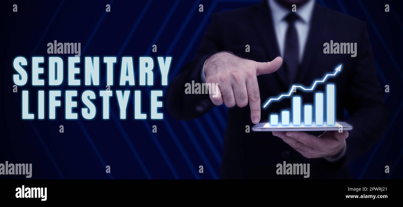 Text caption presenting Sedentary Lifestyle, Concept meaning ways and ...