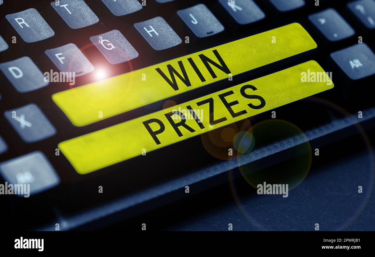 Hand writing sign Win Prizes, Business showcase something given for ...