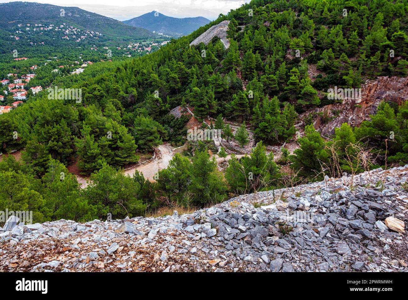 Part of an abandoned Penteli marble quarry in Attika, Greece. Penteli ...