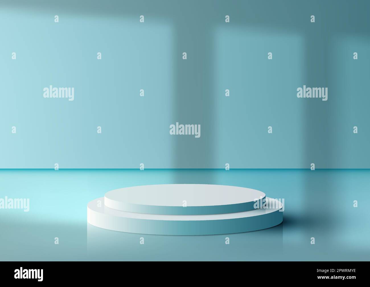 3D realistic white podium stand on light blue background with window ...