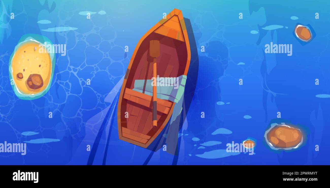 Top view boat in blue sea water sunny landscape cartoon illustration ...