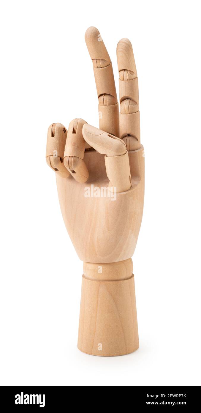 Wooden mannequin hand making peace sign on white background. Gesture ...