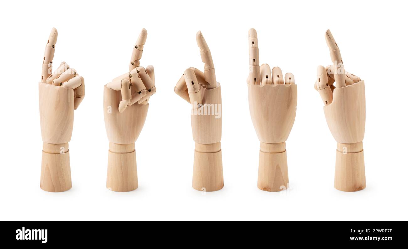 Wooden mannequin hand pointing against white background. Different ...