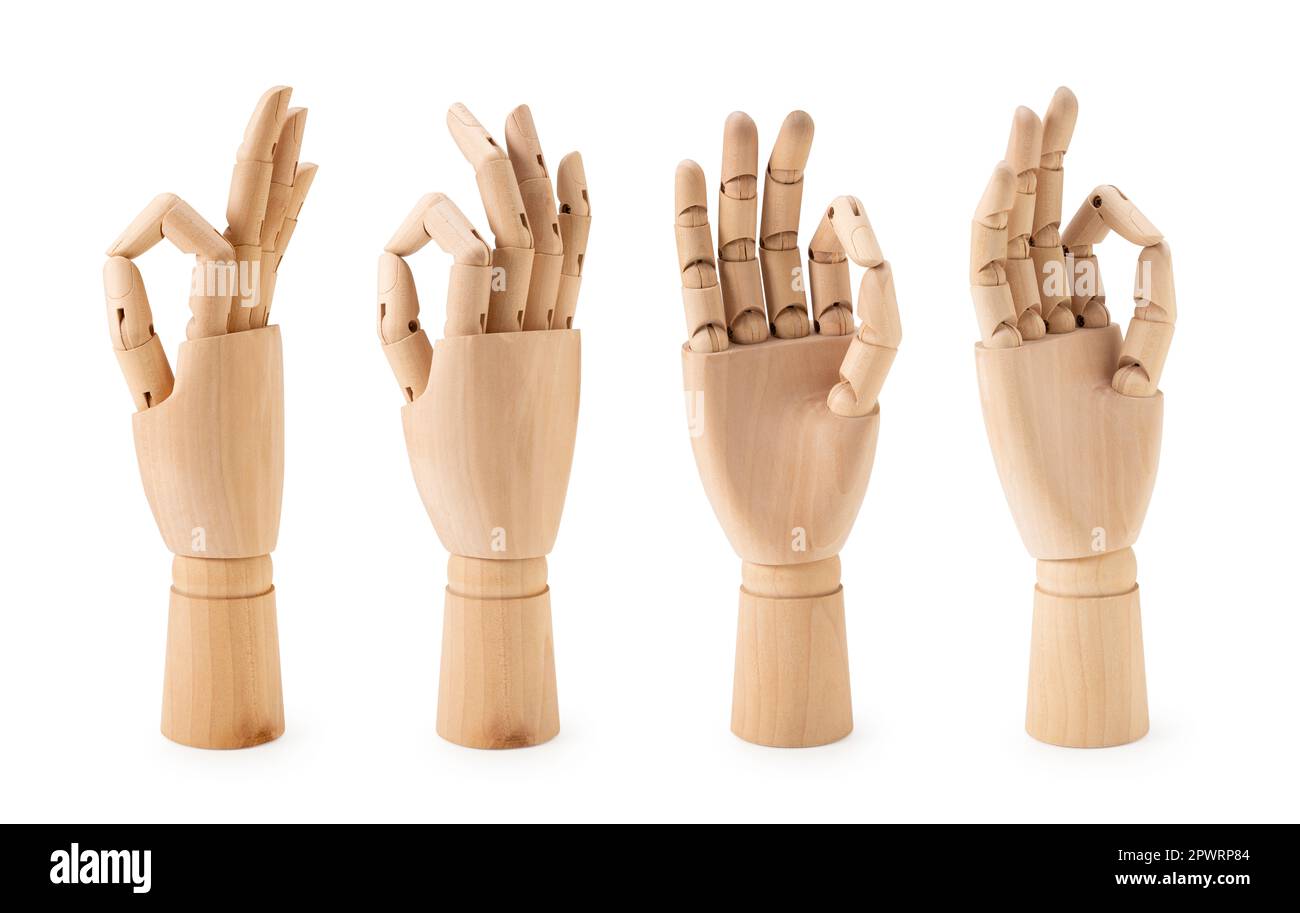 Wooden mannequin hands signing OK on white background. Different angles ...