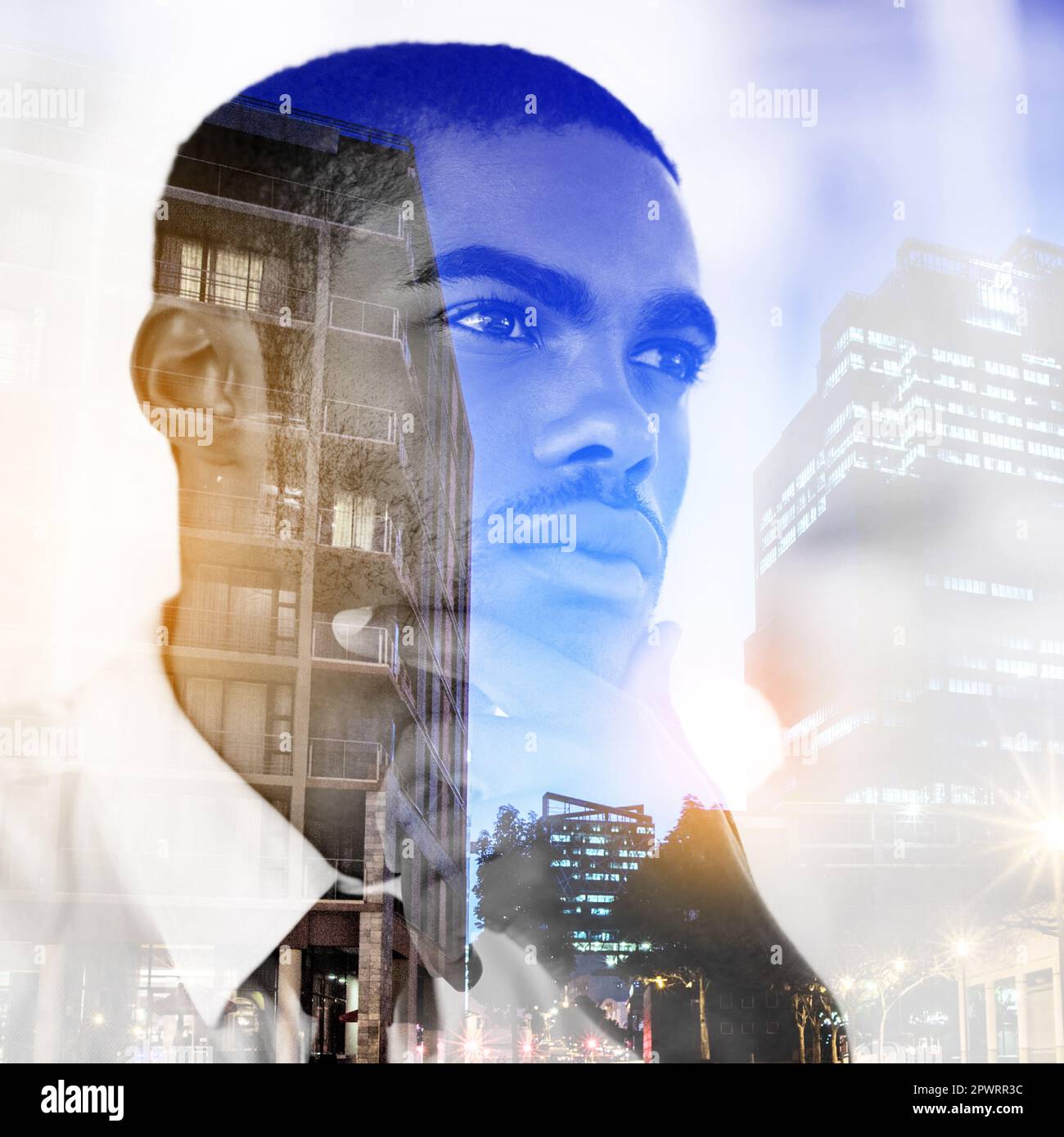 Planning to conquer the city. Multiple exposure shot of a contemplative ...