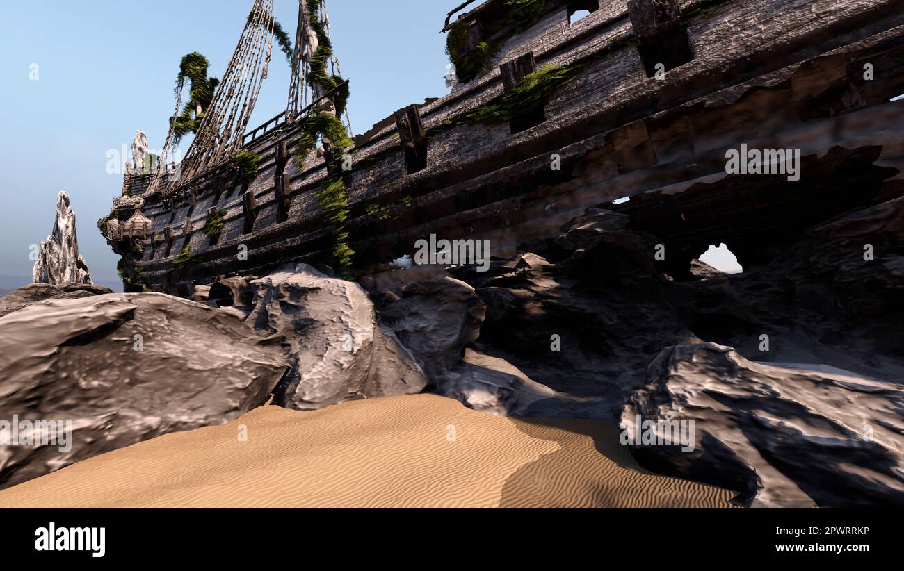 3D rendering of a wreck of a pirate ship on a coast Stock Photo - Alamy