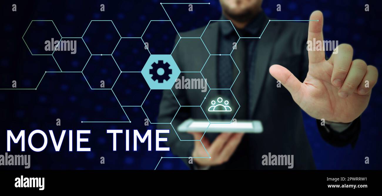 Text sign showing Movie Time, Business approach the scheduled or actual ...