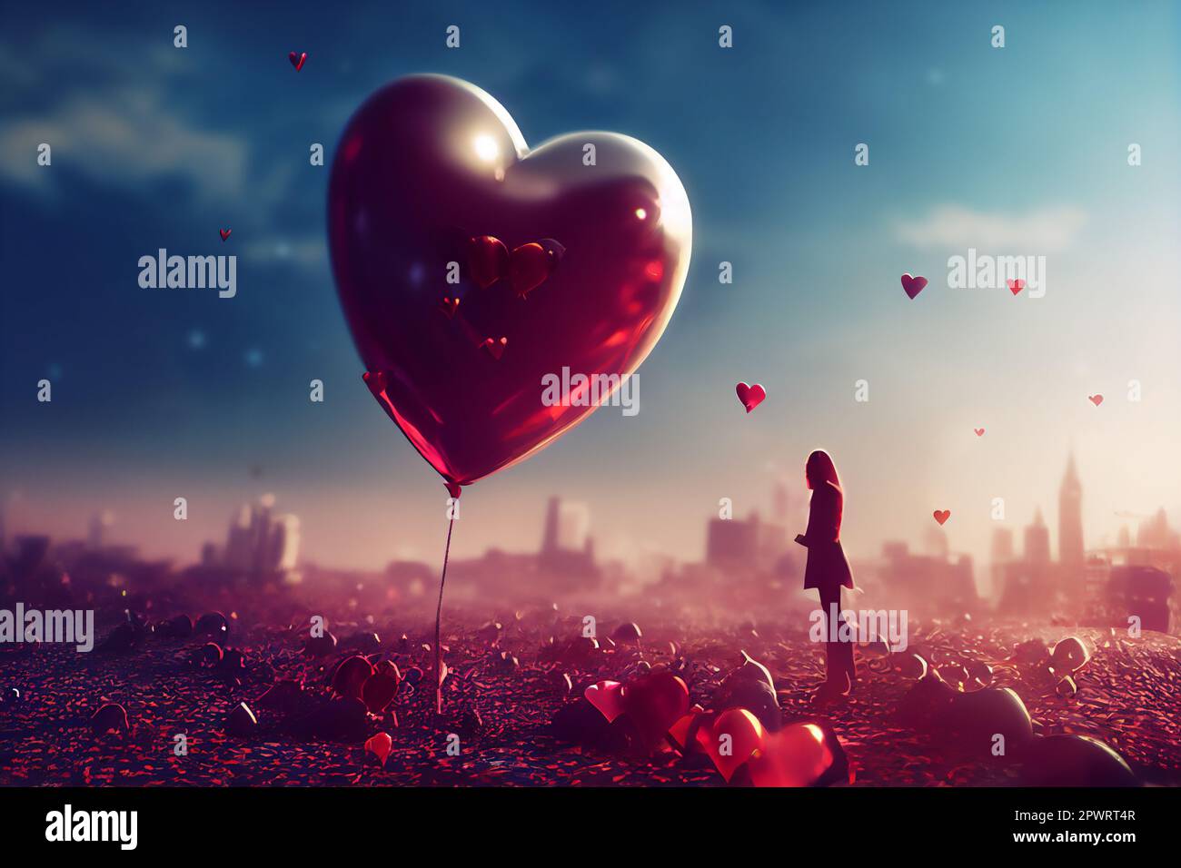 3d illustration futuristic love concept, woman silhouette holding red ...