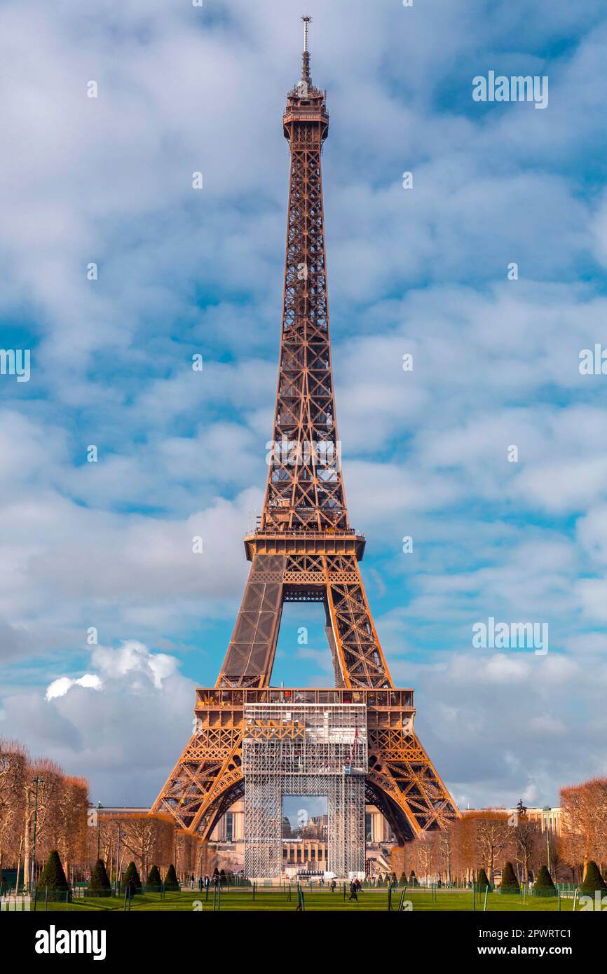 The iconic Eiffel Tower, wrought-iron lattice tower designed by Gustave ...