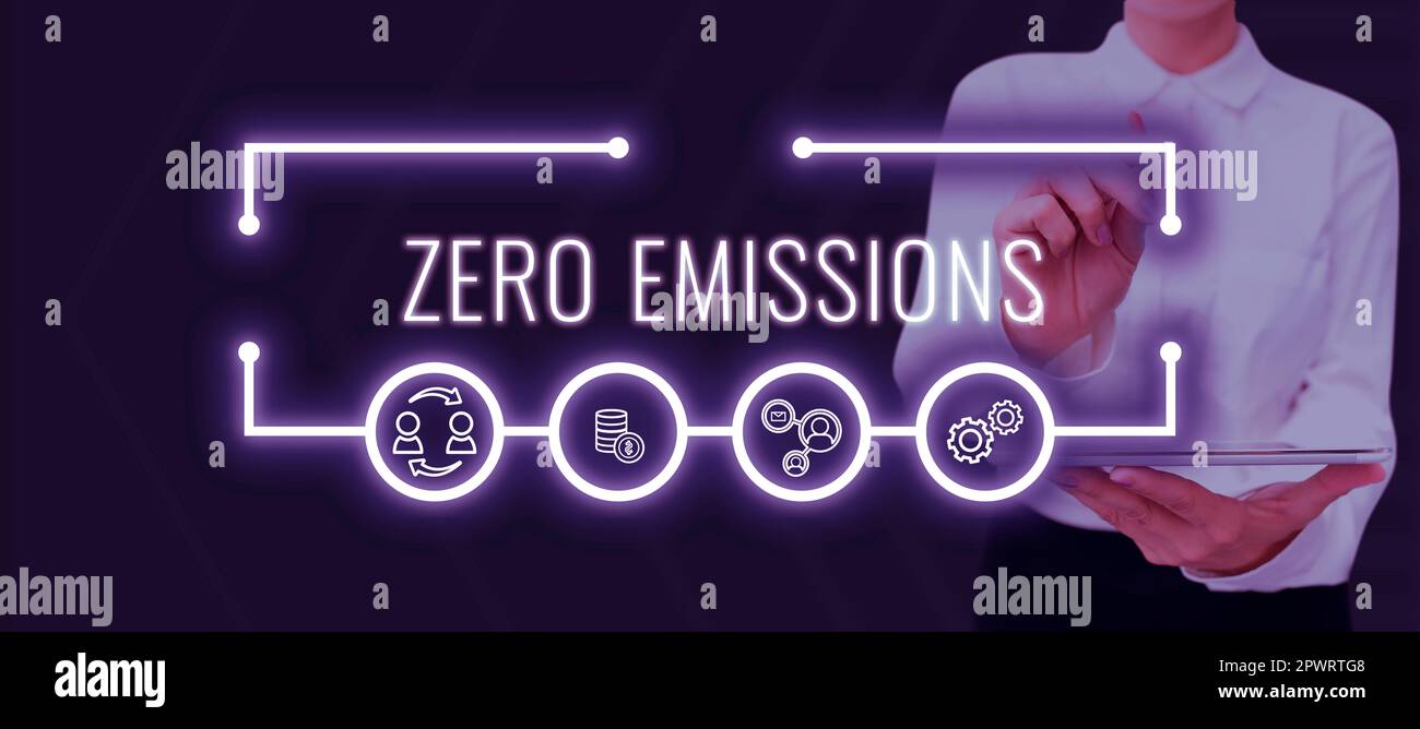 Sign displaying Zero Emissions, Word Written on emits no waste products ... Sign displaying Zero Emissions, Word Written on emits no waste products ...