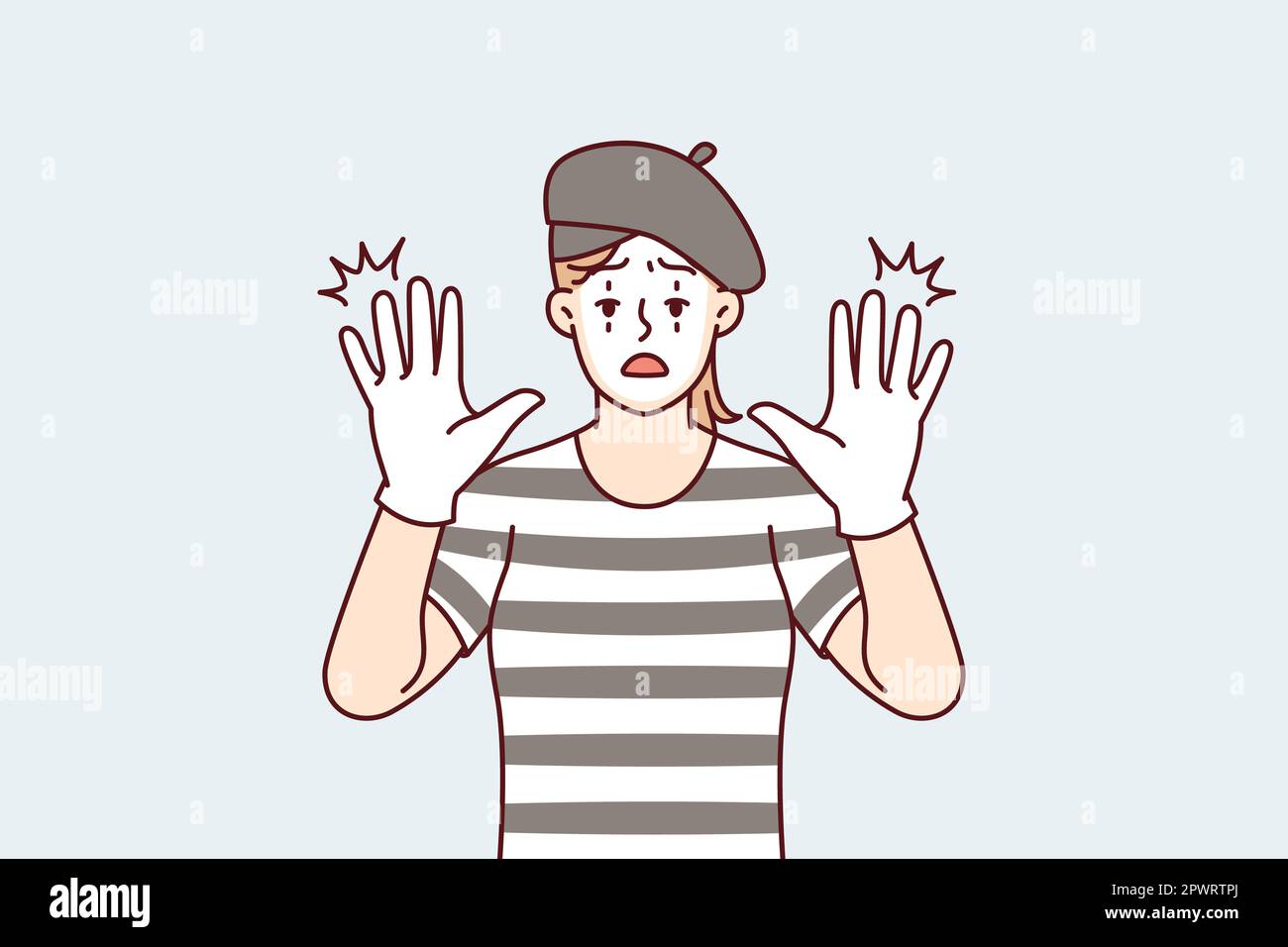 Funny woman clown with white face entertains people by acting as mime ...