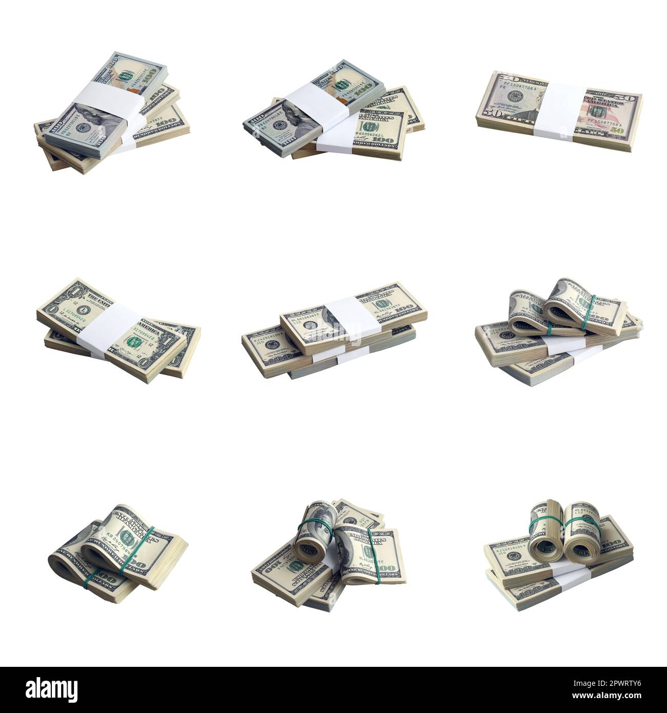 Big set of bundles of US dollar bills isolated on white. Collage with ...