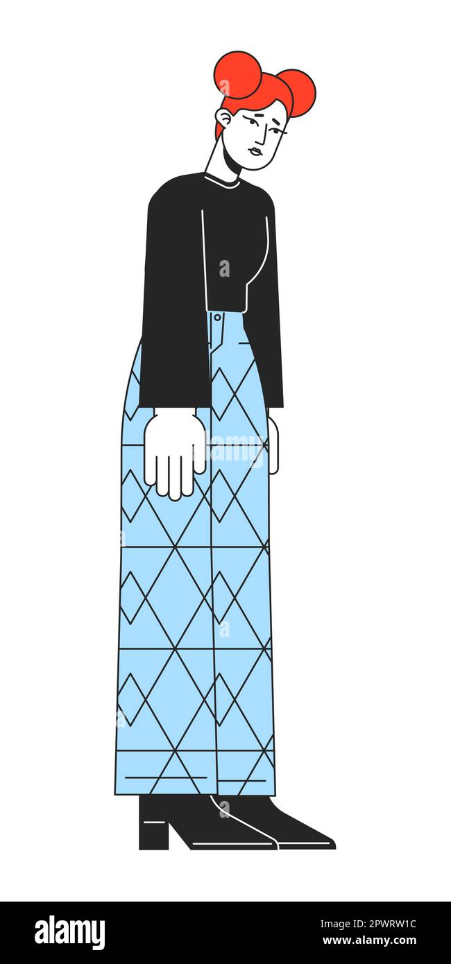 Sad girl with space buns lowering head down flat line color vector ...