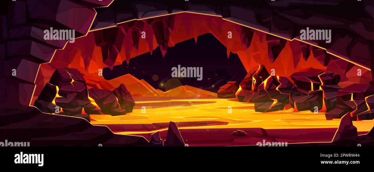 Hell Cave With Lava And Volcano Stone Crack Vector Landscape Molten Hot Magma Scene With Flame