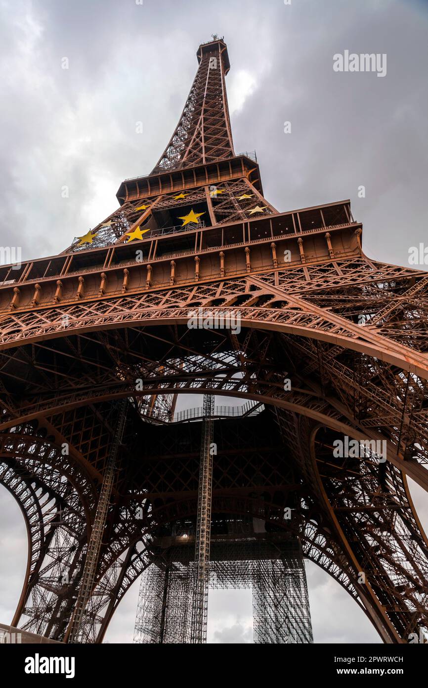 Detail from the iconic Eiffel Tower, wrought-iron lattice tower ...