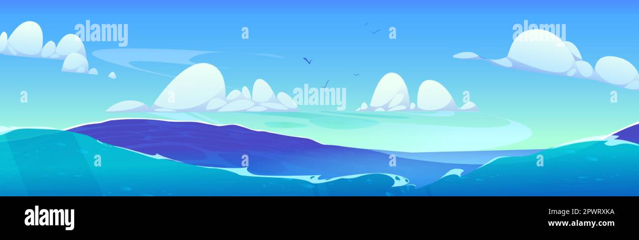 Ocean wave and blue sky with cloud vector background. Sea cartoon ...