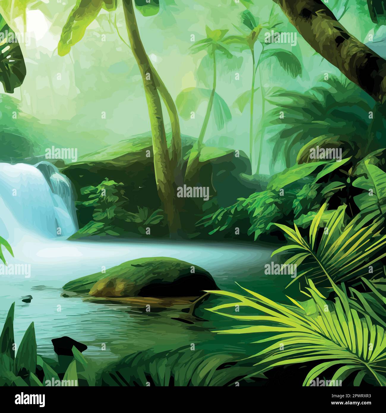 Wonderful Tropical Waterfall Jungle Green Tropical